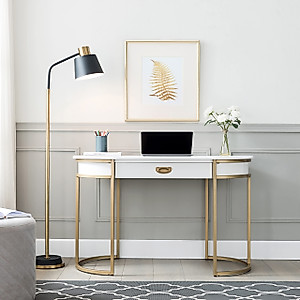 Leick Home 85405 Oval Metal Leg Desk with Drop Front Keyboard Drawer, Cottage White/Gold