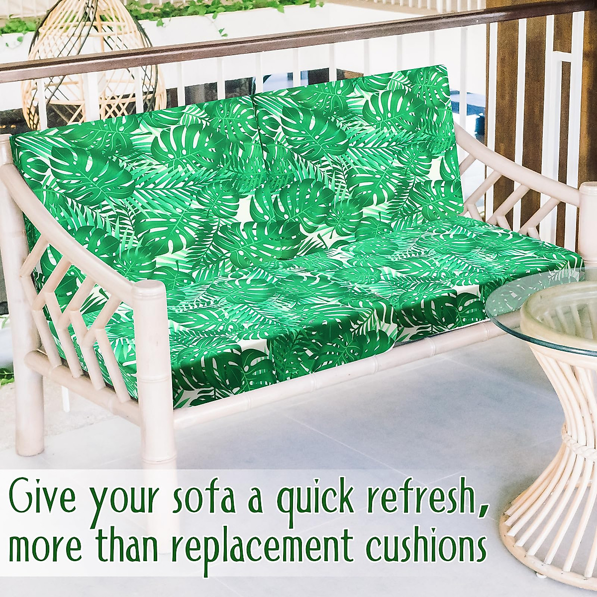 Spiareal 8 Pcs Waterproof Patio Stretch Sofa Cushion Cover, Outdoor Cushion Cover Replacement Include 4 Backrests and 4 Cushions, Sofa Seat Covers Furniture Protector (Monstera)