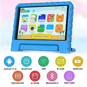 YESTEL Kids Tablet, 8 inch Tablet for Kids Android 11 WiFi Toddler Tablets, Pre-Installed Parental Control, 2GB RAM 32GB ROM (SD to 128GB), 1280 * 800 HD, Quad-Core, 3600mAh—Blue