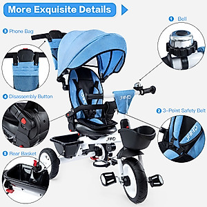 JMMD Baby Trike, 6-in-1 Kids Tricycle with Adjustable Push Handle, Removable Canopy, Safety Harness for 18 Months - 5 Year Old, Blue