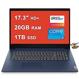 Lenovo IdeaPad 3i 17 Business Laptop 17.3" HD+ Display 11th Gen Intel Quad-Core i5-1135G7 (Beats i7-10710U) 20GB RAM 1TB SSD Intel Iris Xe Graphics Fingerprint USB-C Win11 Blue + HDMI Cable