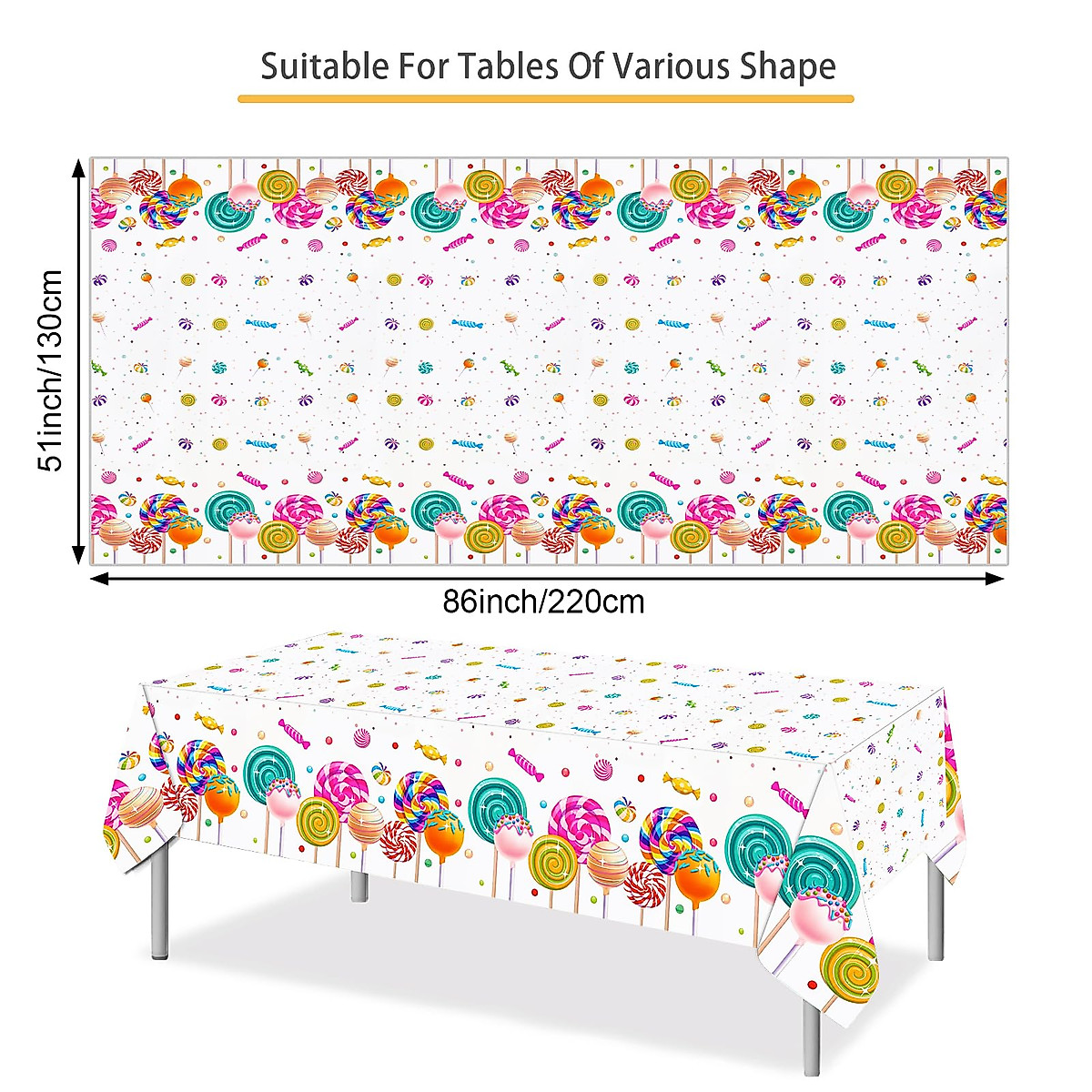 PHOGARY Sweet Candyland Tablecloth, 3 Pack Candies Theme Plastic Table Cover, Two Sweet Birthday Table Cloths Colorful Lollipop Tablecovers for Girls Party Candy Land Christmas Party Decoration