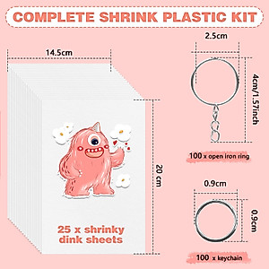 OFNMY 225PCS Shrinky Dinks Kits,Shrinky Dink Sheets,Shrink Plastic Sheets Kit with 25PCS Shrinky Dink Paper,100PCS Keychains and Open Iron Ring for Kids Creative Craft Marking, Handprint Keychains