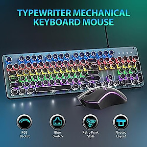 Typewriter Mechanical Gaming Keyboard Mouse Combo, Metal Panel Retro Keyboard with Round Keycap Blue Switch, RGB Backlit 104 Keys Anti-Ghost Wired Keyboard and Mouse with 3 DPI for PC Laptop Mac Gamer
