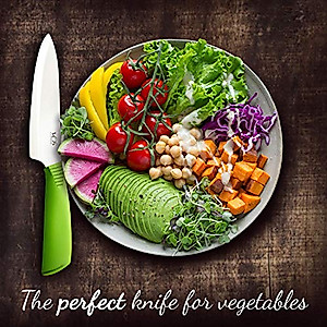 Vos Ceramic Chef Knife 8 Inch with Cover and a Gift Box - Sharp Zirconia Blade Edge for Cutting, Paring, Slicing, Dicing, Chopping - Ideal for Vegetable and Fruit (Green)