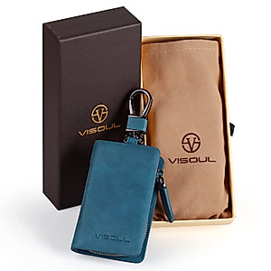 VISOUL Leather Car Key Fob Case Holder for Men and Women, Smart Keychain Protector with Metal Hook and Keyring, Zipper Case for House Keys (D01-Blue)