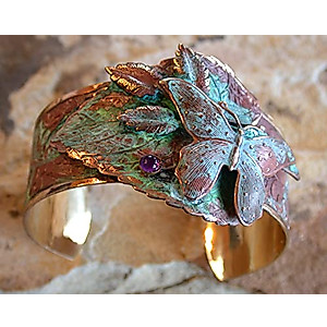 Elaine Coyne Collectible Artwear Butterfly on Leaf Cuff Bracelet - Verdigris Patina Brass - USA Made