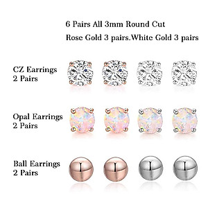 6 Pairs Round Ball Stud Earrings Pack in 18k Rose Gold, White Gold Plated Color with Opal, CZ Stone