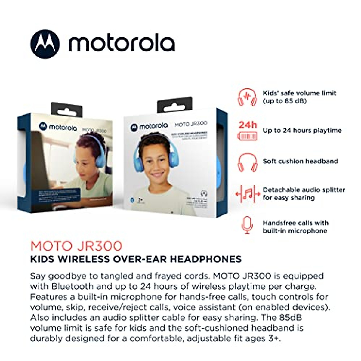 Motorola Moto JR300 Kids Bluetooth Headphones with Microphone - Lightweight Over Ear Wireless Headphones, Safe Volume Limit 85dB, Audio Splitter for Sharing - Ideal for School, Travel, Gaming - Blue
