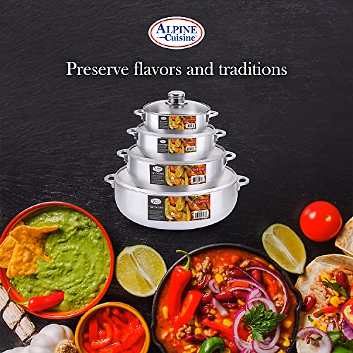 Alpine Cuisine 8 Piece Set Aluminum Caldero Stock Pot with Glass Lid, Commercial Grade Cooking Dutch Oven