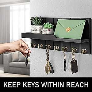 Rebee Vision Decorative Key and Mail Holder for Wall - Farmhouse 15 Inches Floating Shelf with 7 Sturdy Key Hooks for Home Entryway Wall Decor - Rustic Key Racks (Black)