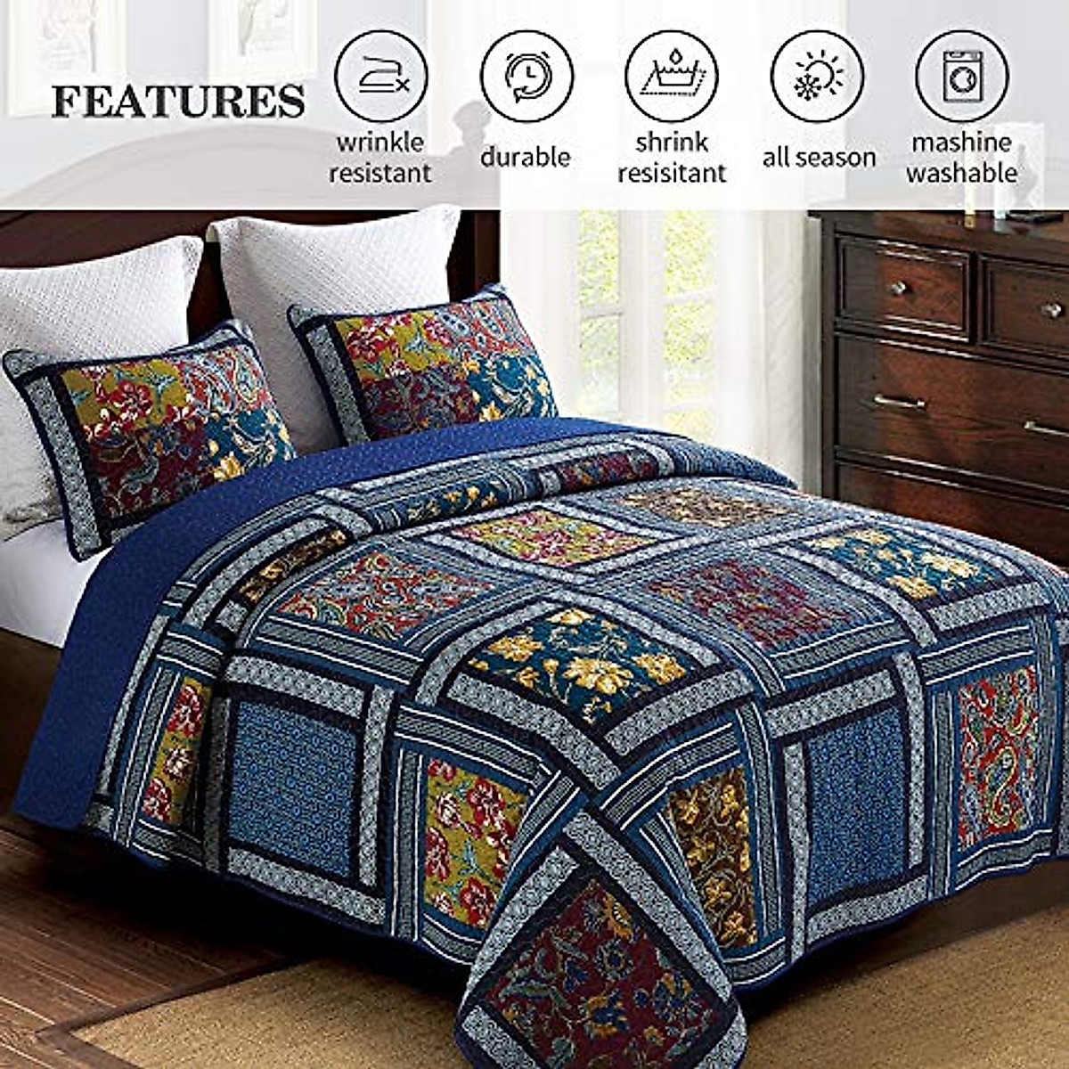 DECMAY Quilts Queen Size Sets - 100% Cotton Queen Bedspreads, Handmade Real Patchwork Quilts for All Season, Lightweight Country Quilt Sets with 2 Pillowcase