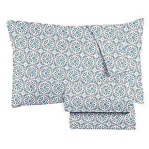 KACEMOO Printed Sheet Set Full Size Bed 4PC Blue Floral Sheets Boho Pattern Sheets Cooling 17 Inches Deep Pocket Brushed Microfiber Bed Sheets, Luxury, Soft, Breathable, Hypoallergenic, Wrinkle Free