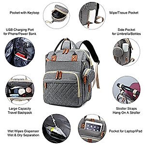 Milecan Diaper Bag Backpack, Unisex Baby Nappy Bags with Changing Pad, Pacifier Case & Stroller Straps&USB Charging Port, Multifunction Waterproof Travel Back Pack for Moms Dads, Grey
