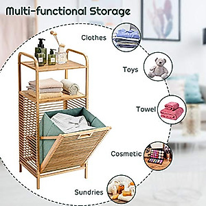Giantex Laundry Hamper Tilt-Out Laundry Linen Hamper Bamboo Freestanding Clothes Basket W/Shelf & Removable Liner, Storage Laundry Shelf for Bathroom Living Room Bedroom, 16’’x13’’x37.5’’(L x W x H)