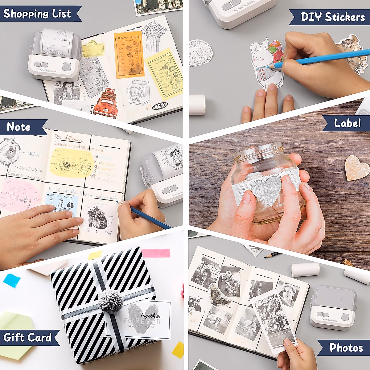 Thermal Mini Printer, X100 Inkless Sticker Maker with Thermal Papers & Sticker Papers, Bluetooth Portable Pocket Phone Printer for Notes, Receipts, Pictures, DIY, Journal, Compatible with iOS&Android