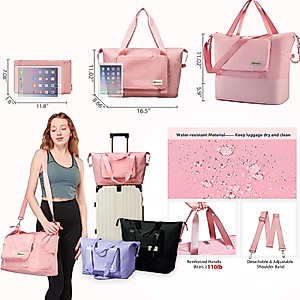 Foldable Travel Duffel Bag for Women, Water Resistant Personal Item/Carry Bag, Expandable Overnight Weekender Bag with Wet Compartment & Luggage Sleeve, Lighetweight Sport Tote Gym Bag (Pink)