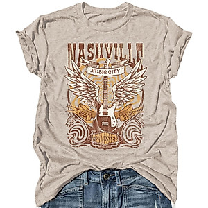 Nashville Graphic Tees for Women Vintage Concert Outfit Summer Retro Rock Band T Shirts Casual Short Sleeve Country Tops (M, Cream Grey)