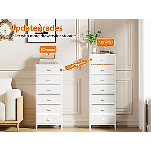 Furnulem White Tall Dresser for Bedroom with 7 Drawers, Vertical Chest of Drawers in Closet, End Table, Nightstand Storage Tower Unit Organizer with Fabric Bins for Dorm,Living Room,Entryway,Hallyway