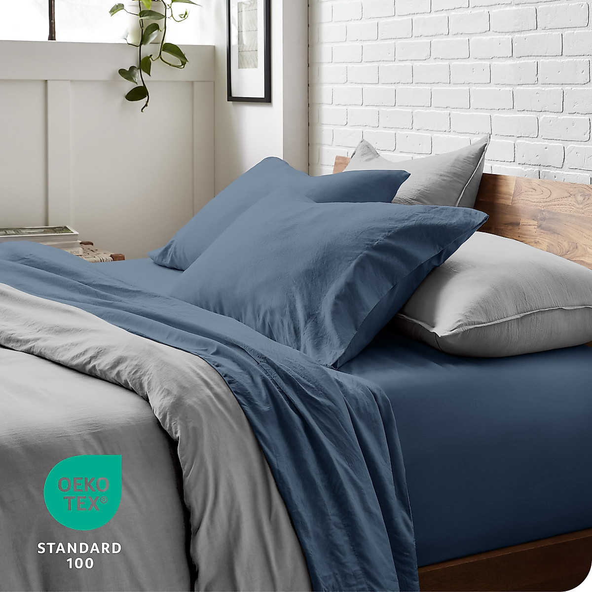 Bare Home Ultra Soft Washed Microfiber 3 Piece Sheet Set, Linen-Like Look, Easy Care, Hypoallergenic, Deep Pocket up to 15”, 1 Fitted Sheet, 1 Flat Sheet, 1 Std. Pillowcase (Twin, Bering Sea)