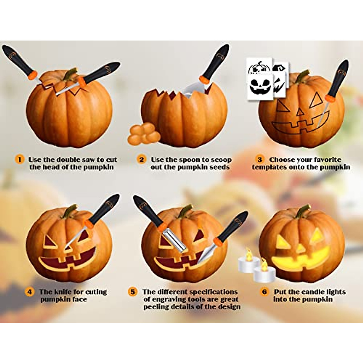 NESSTU Halloween Pumpkin Carving Kit Tools 23 PCS Heavy Duty Stainless Steel Pumpkin Carver Set with Stencils Candles, Lengthening and Thickening Simple & Safe Carving Tools for Kids & Adults