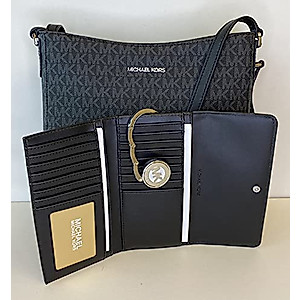 Michael Kors MICHAEL Michael Kors Jet Set Travel Large Messenger Crossbody bundle with Trifold Wallet Purse Hook (Signature MK Black)