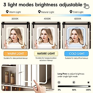 Fameill 45.5'' Farmhouse Makeup Vanity Desk with Sliding Mirror, Vanity Table with 3 Drawers and 2 Cabinets, Charging Station & LED Lights, Storage Shelves, Stool Included, Dressing Table for Bedroom