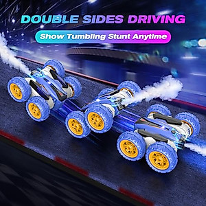 AEROQUEST Remote Control Car - Double Sided RC Stunt Car, 360°Rotating 4WD Off-Road RC Cars with Headlights& Music 2.4Ghz Indoor/Outdoor Rechargeable Toy Car for Boys Age 3-7 8-12 Birthday Xmas Gift
