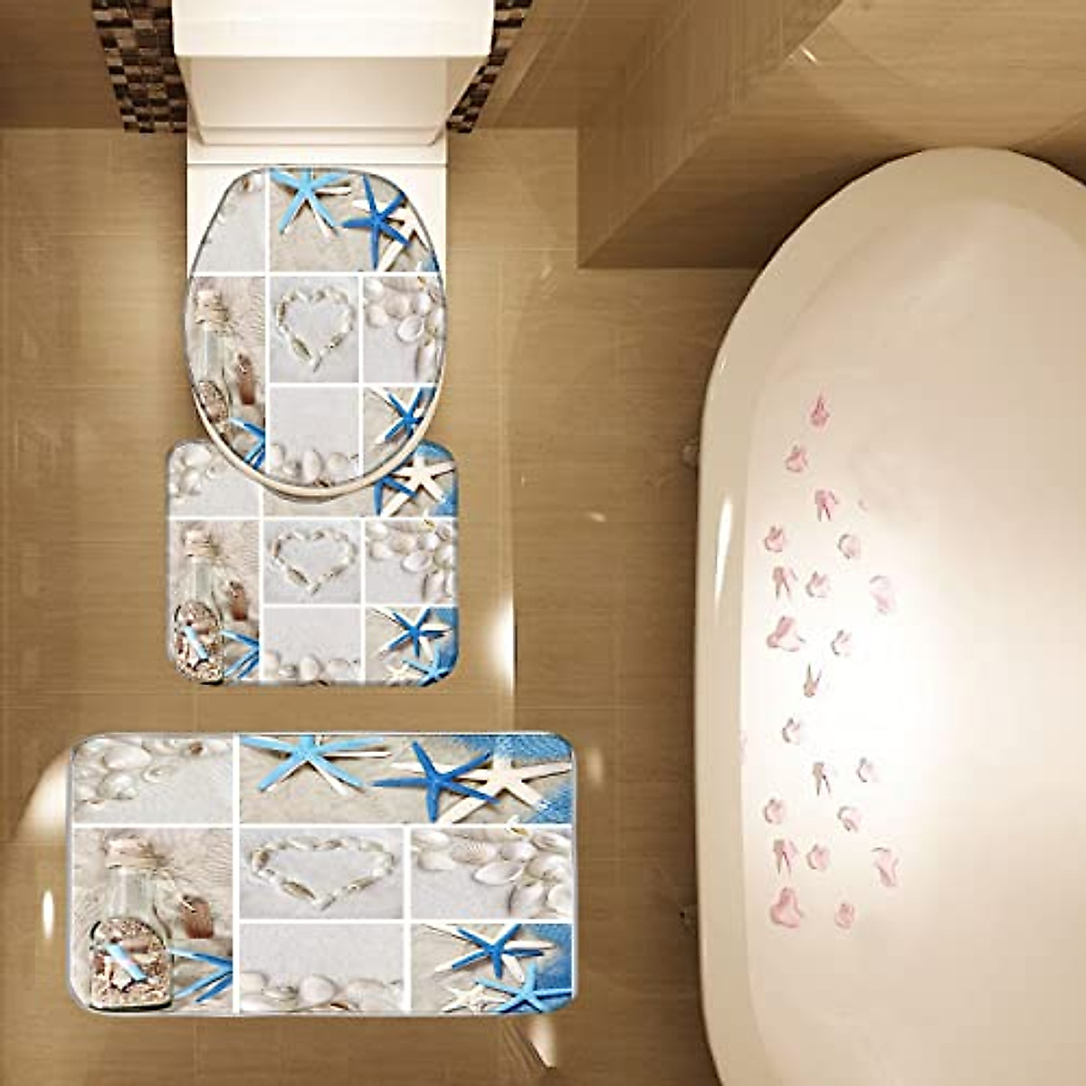 Amagical Blue Starfish Seashell Conch 16 Piece Shower Curtain Bathroom Mat Set Wishing Bottle Love Stone Design Bath Mat Contour Mat Toilet Cover and Shower Curtain with 12 Hooks