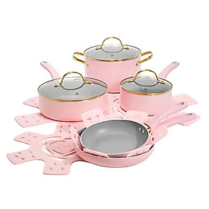 Paris Hilton Epic Nonstick Pots and Pans Set, Multi-layer Nonstick Coating, Tempered Glass Lids, Soft Touch, Stay Cool Handles, Made without PFOA, Dishwasher Safe Cookware Set, 12-Piece, Pink