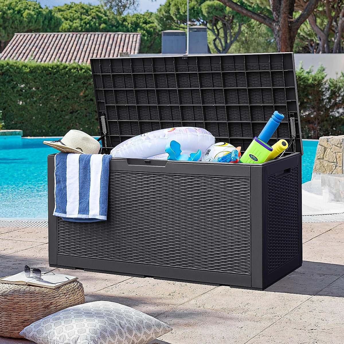 Flamaker 100 Gallon Large Deck Box Waterproof Resin Outdoor Storage for Patio Furniture, Garden Tools, Pool Accessories and Toys (Black)
