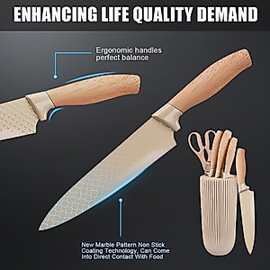 Gulymm Kitchen Knife Set, 6 Pcs Sharp Knife Set for Kitchen, Anti-Rust Stainless Sharp Knife Set with Universal Knife Block, Knife Set Contains Round Knife Storage, Knives, Scissors for Kitchen (Khaki