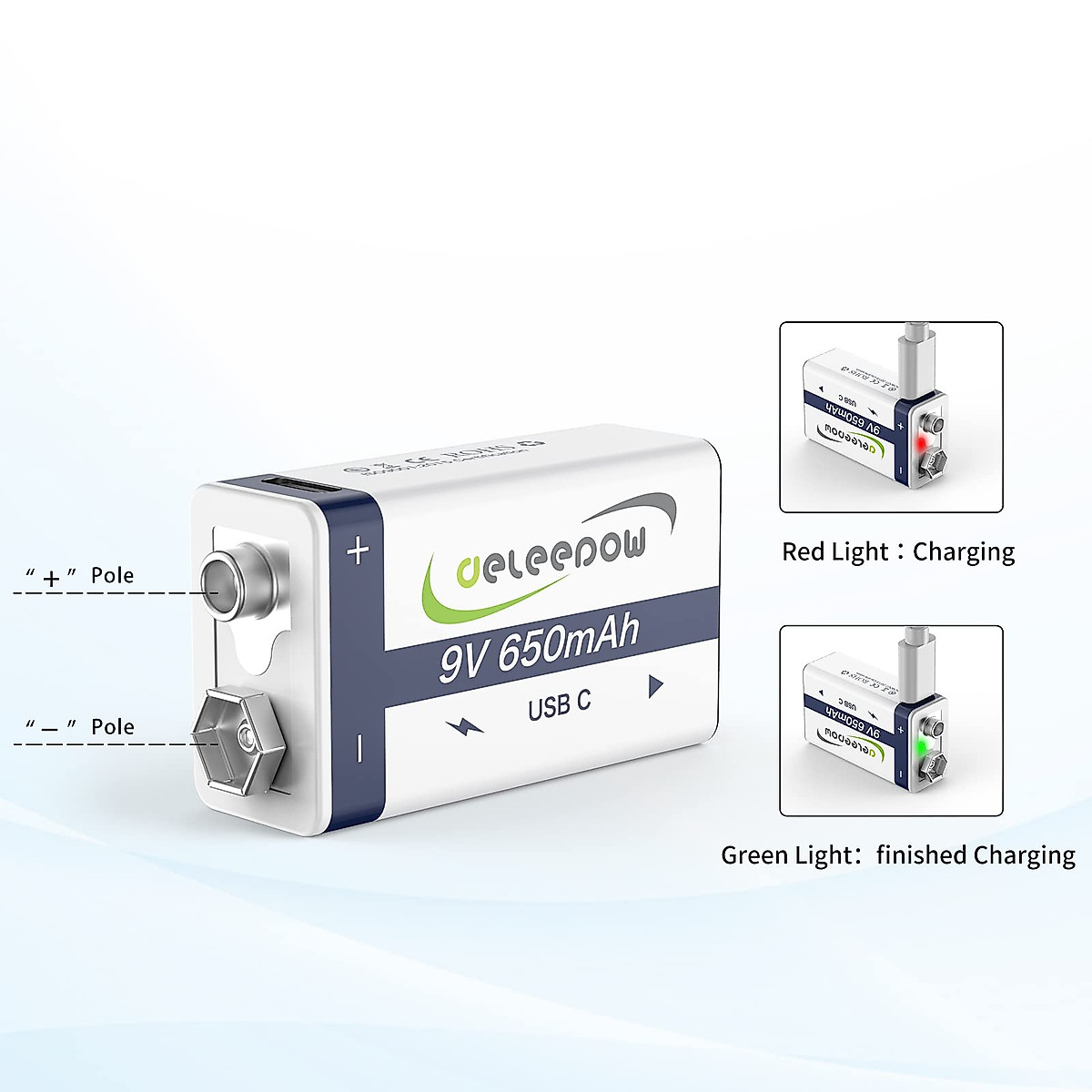 Deleepow Rechargeable 9V Batteries 650mAh USB 9V Lithium Battery 2 Pack with USB-C Cable