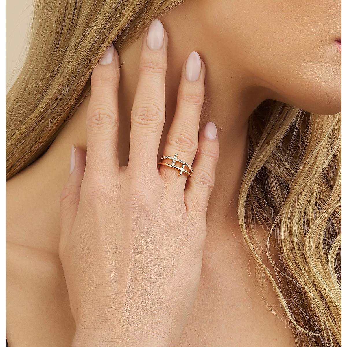 Barzel 18k Gold Plated Cubic Zirconia Double Cross Ring (Gold, 7)