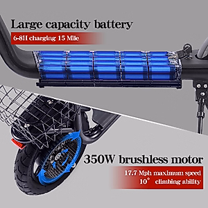 TOXOZERS Electric Scooter with Padded Seat - 500w Brushless Motor - 36V10Ah Lithium Ion - Up to 15 mph - 10~15Mile Range(weight dependent) - Wheel Drive - shopping basket - 12" Air-Filled Tires(Black)