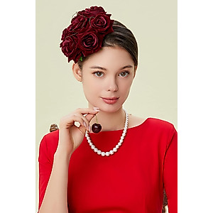 BABEYOND Floral Fascinators for Women Feather Fascinators Headband for Cocktail Tea Party (WineRed)