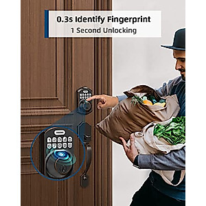 Fingerprint Keyless Entry Door Lock with Handle - TEEHO TE002H Smart Keypad Deadbolt Set for Front Door - 0.3s Biometric Identify - Auto Lock - IP54 Waterproof - Oil Rubbed Bronze