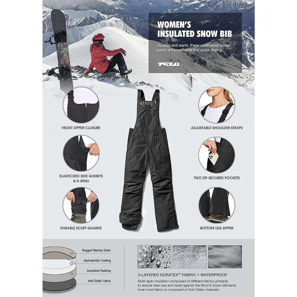 TSLA Women's Winter Snow Bibs, Waterproof Insulated Snowboard Overalls, Ripstop Ski Pants, Winter Snow Bib Black, X-Large