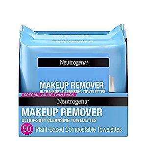 Neutrogena Makeup Remover Cleansing Face Wipes, Daily Cleansing Facial Towelettes Remove Makeup & Waterproof Mascara, Alcohol-Free, 100% Plant-Based Fibers, Value Twin Pack, 25 count, 2 pk