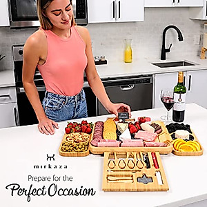 Bamboo Cheese Board and Knife Set, Wood Charcuterie Boards Set with Wine Glass Marker, Cheese boards Tray, Unique House warming Gifts for New Home, Gift Bridal Shower, Anniversary