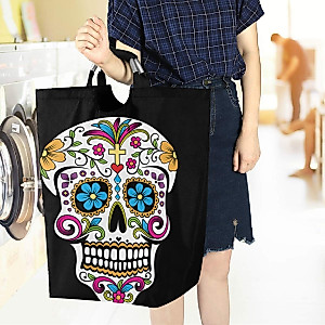 visesunny Sugar Skull Floral Large Laundry Hamper with Handle Foldable Durable Clothes Hamper Laundry Bag Toy Bin for Bathroom, Bedroom, Dorm, Travel