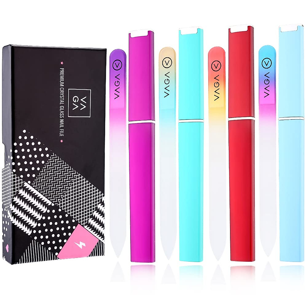 VAGA Glass Nail File with Case 4 Glass Nail Files For Natural Nails and Acrylic Nail filer, Nail Care Set of Crystal Files in Cheeky Colors, Fingernail File for Manicure, Nails Strengthener hardener
