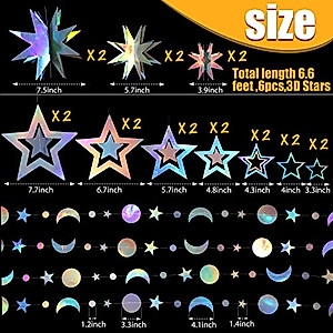 7 Pcs Iridescent Moon Star Garland Streamer, Bling Bling 3D Twinkle Little Stars Hanging Decor Backdrop for Baby Shower Birthday Graduation Eid Mubarak Party Decoration