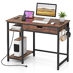 Giantex Computer Desk with Drawers and Power Outlets, Industrial Gaming Desk Computer Workstation with Adjustable Storage Shelf, Headphone Hooks, Study Writing Work Desk for Home Office