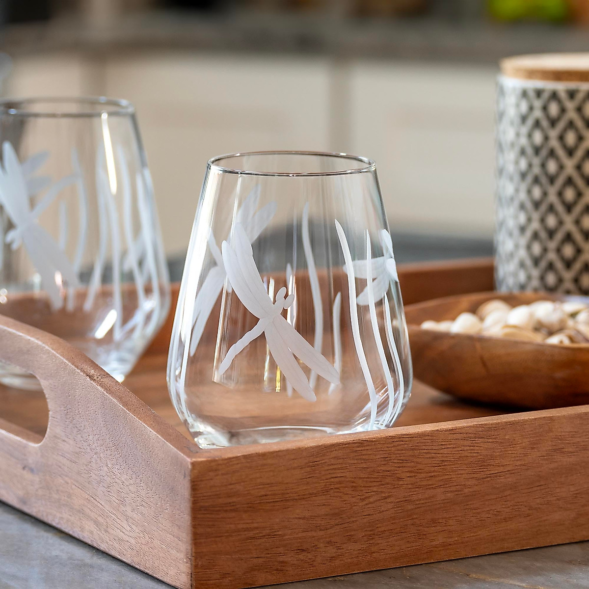 Rolf Glass Dragonfly Stemless Wine Glass 18oz - Tumbler Wine Glasses Set of 2 – Made in the USA - Etched Stemless Wine Glasses -(Set of 2)