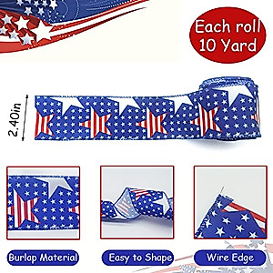 Hying 4th of July Ribbons for Gift Wrapping, Patriotic Wired Edge Ribbons Red Blue Burlap Ribbon American Stars Craft Ribbons for Wreath Bows Flag Day Independence Day Decorations, 2.5"×10 Yards