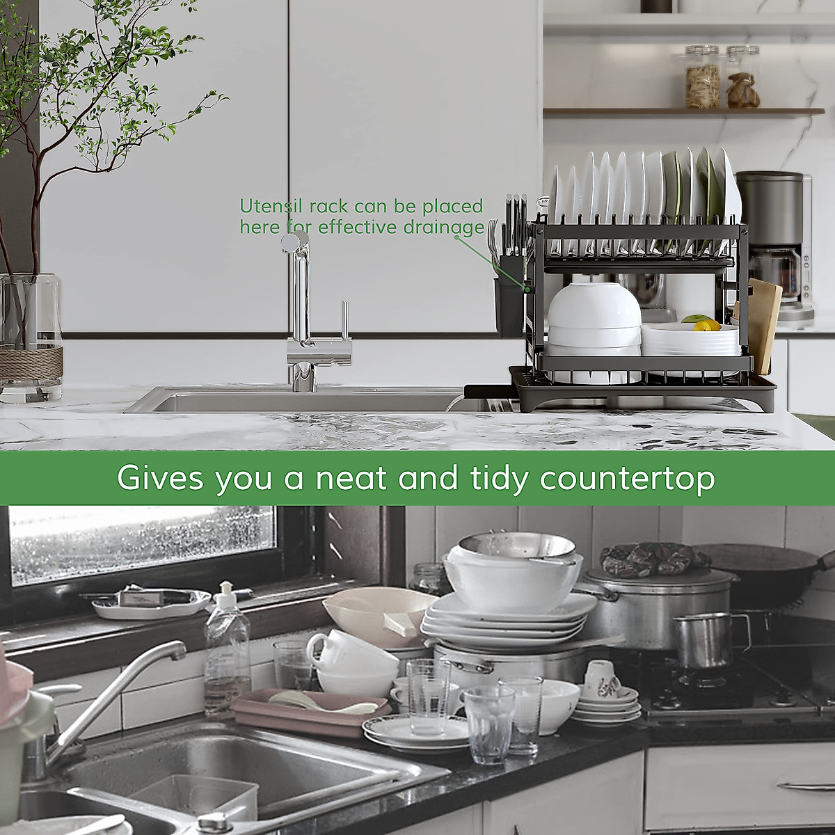 CHIACHIA Dish Drying Rack for Kitchen Counter, 2 Tier Dish Drying Rack with 2 Drainboard, Dish Rack and Drainboard Set with Knife and Fork Holder, Black Carbon Steel Large Capacity Dish Drainer