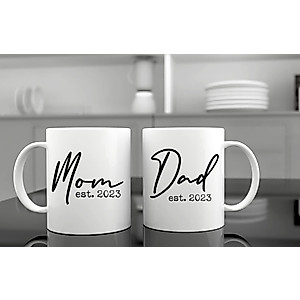 Tipit Drinkware Pregnancy Gift Est 2023 - New Parents Gifts Mommy and Daddy Est. 2023 11 Coffee Mug Gift Set,New to The Crew Romper (3M) - Top Mom and Dad Gift Set for New Parents to Be - Baby Shower