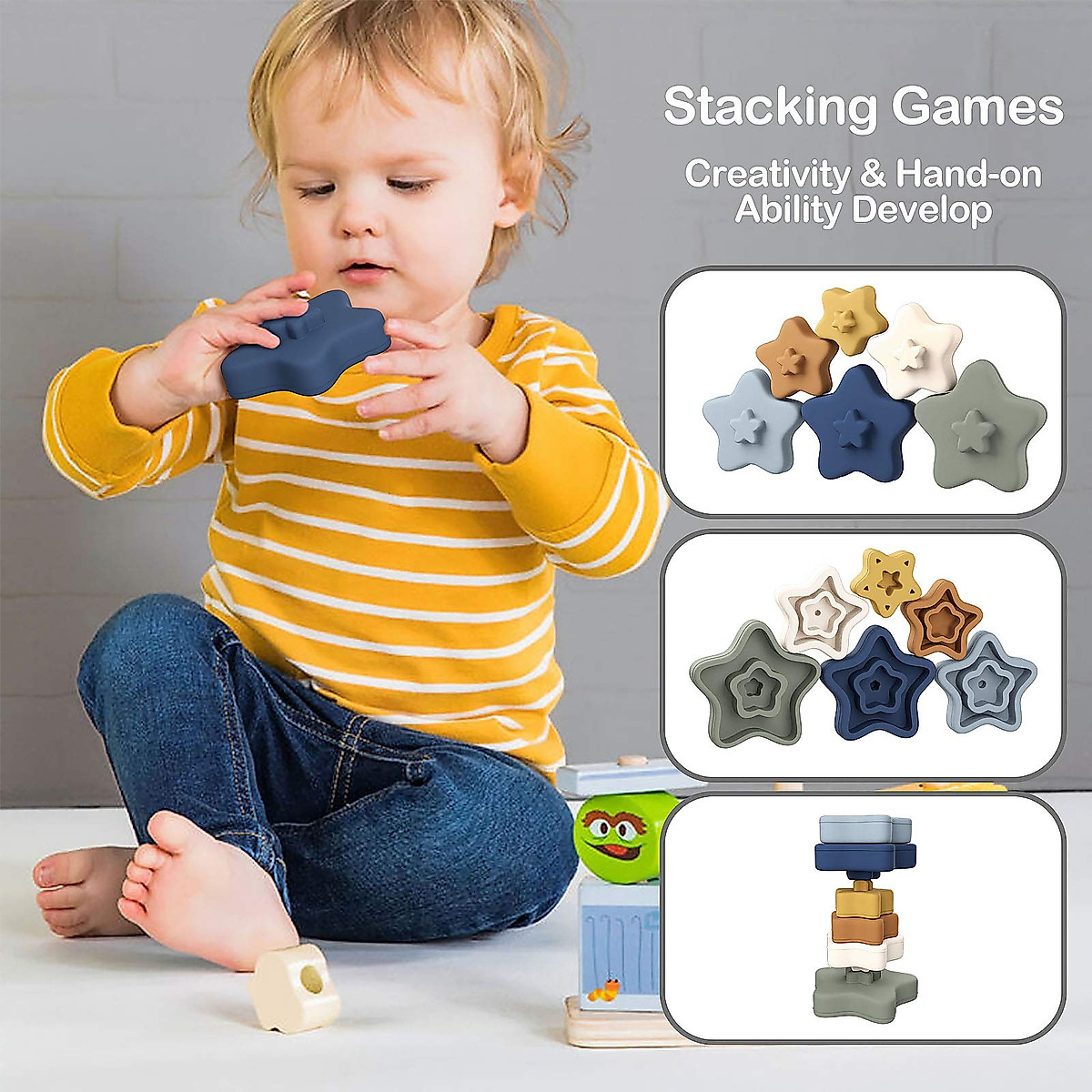 TYRY.HU Baby Stacking Toys - Silicone Rings - Teething Teether Toys - Building Blocks Tower for Boys Girls 6+ Months Early Educational Learning, Set of 6 PCS, Star Shape