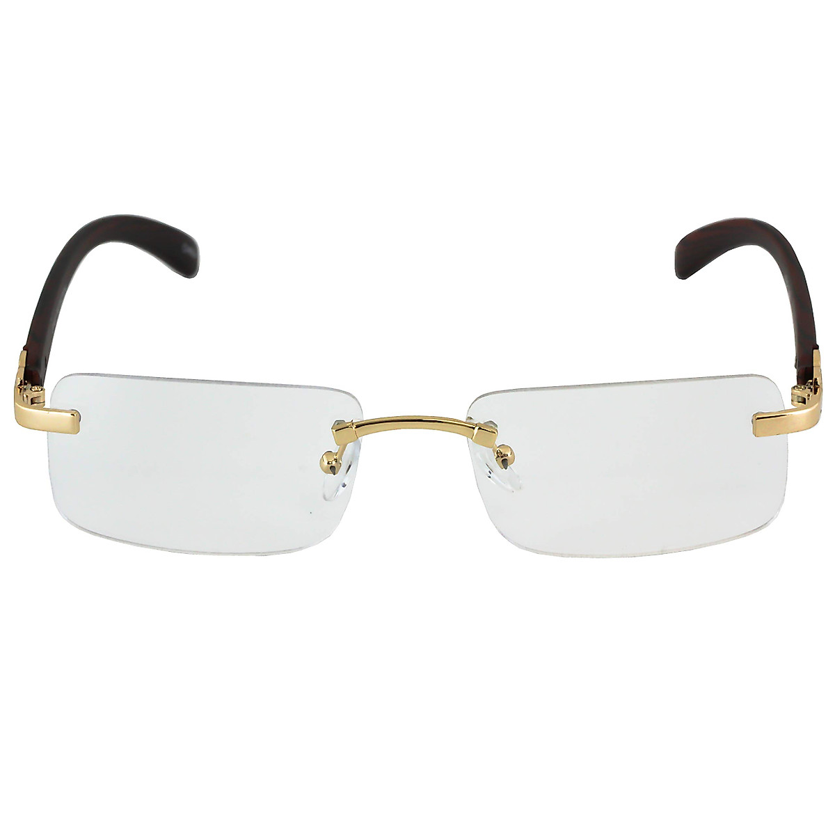 Elite Slim Rimless Rectangular Metal & Wood Art Aviator Sunglasses (Cherry Gold Clear)